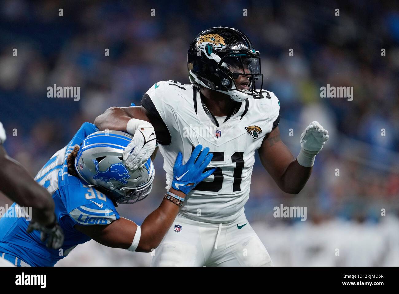 Jacksonville Jaguars linebacker Ventrell Miller (51) sheds the block of ...