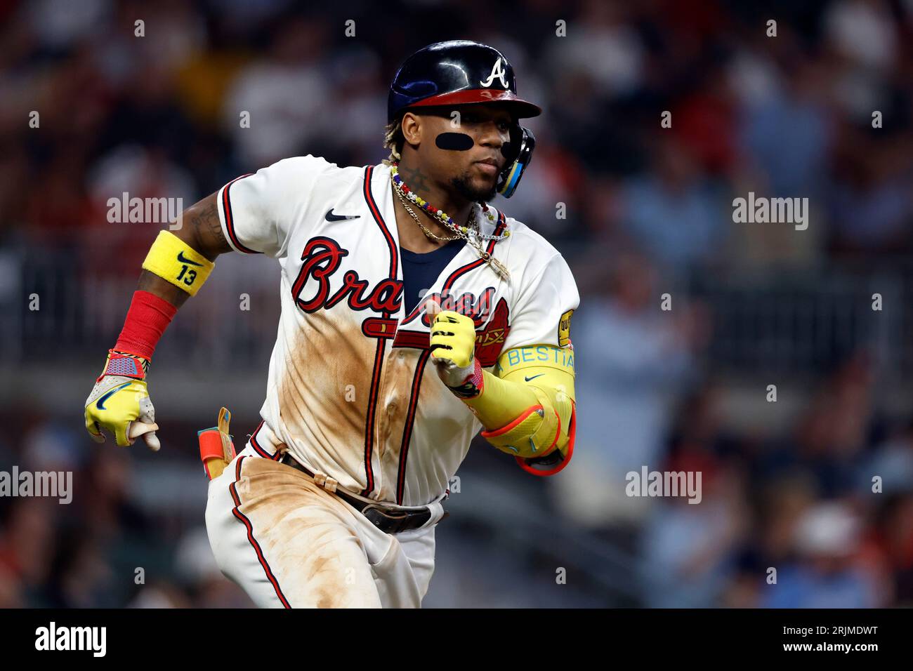 Atlanta Braves' Ronald Acuna Jr. runs to first after hitting a double ...