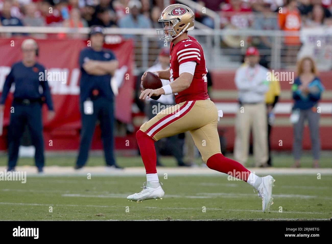 San Francisco 49ers quarterback Sam Darnold (14) runs during an NFL ...