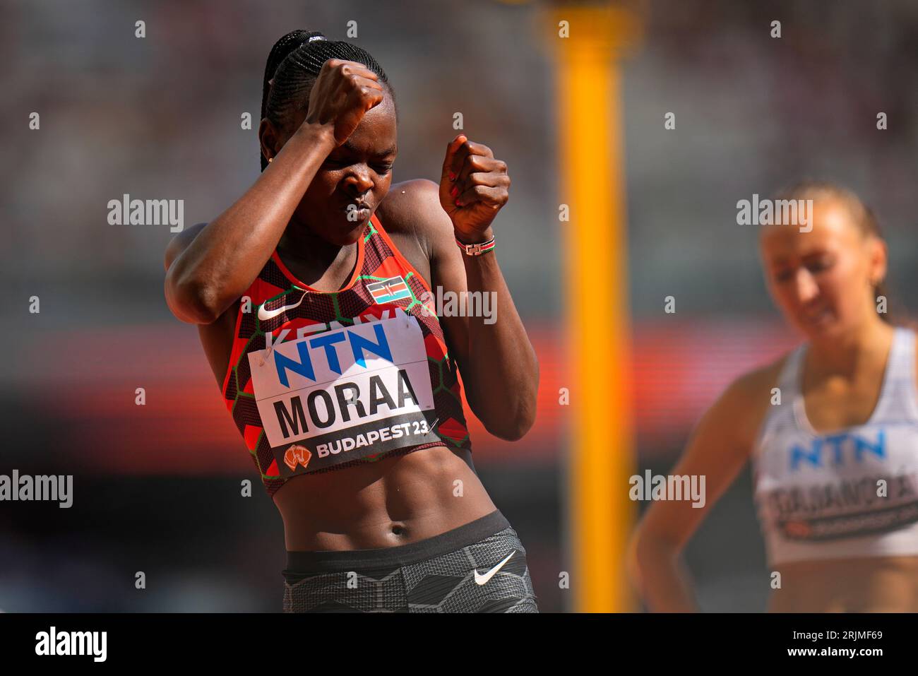 Mary Moraa, of Kenya reacts after winning a Women's 800-meters heat ...