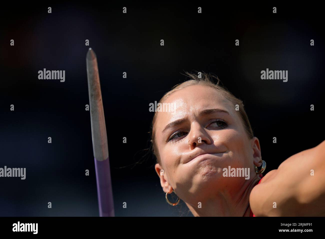 Victoria Hudson, of Austria, makes an attempt in the Women's javelin ...