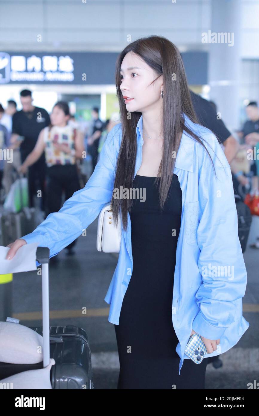 Chinese actress, host, and model Shen Mengchen appears at the airport ...