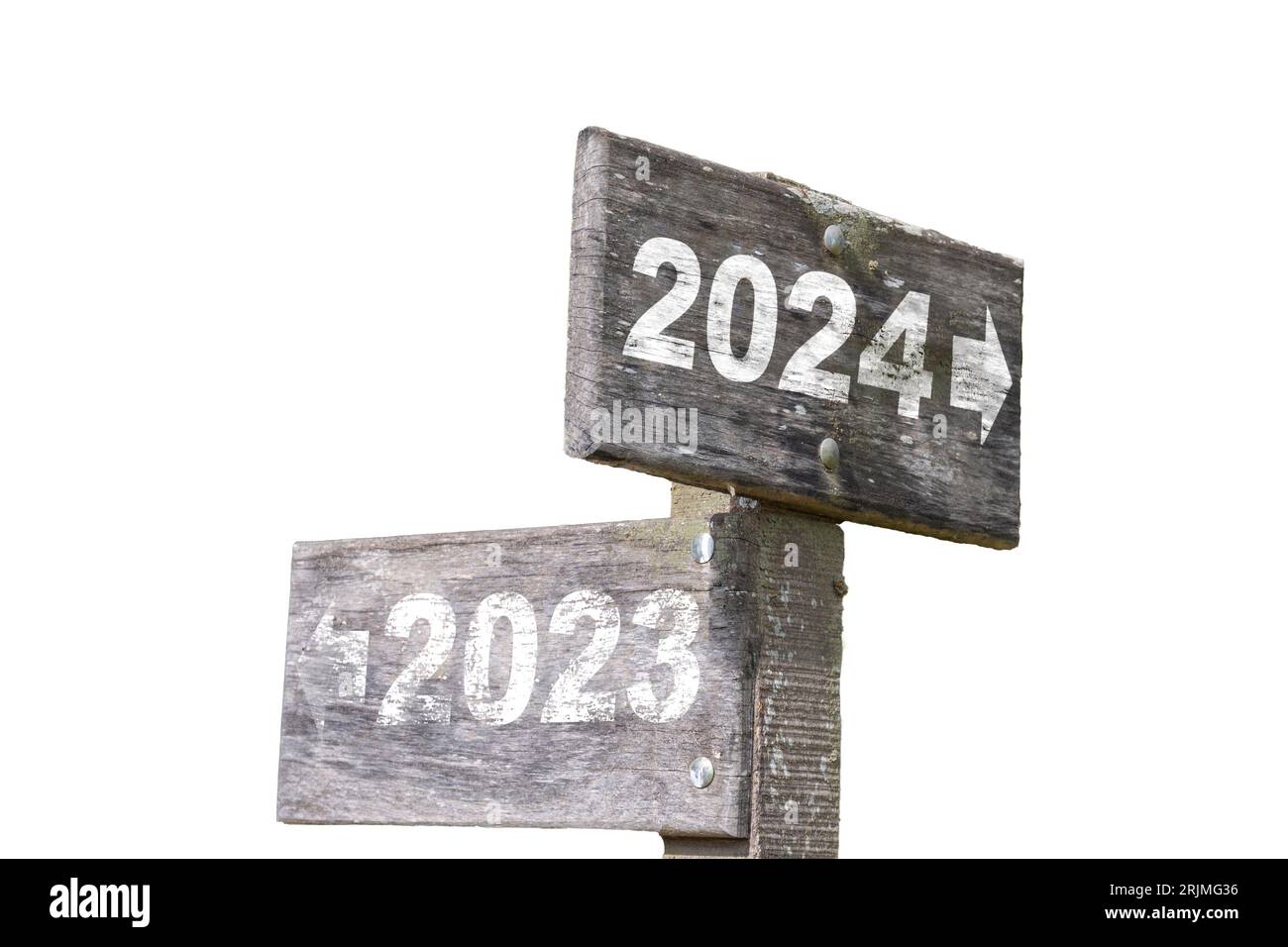 Directional sign announcing 2024 with new paint and 2023 with weathered ...