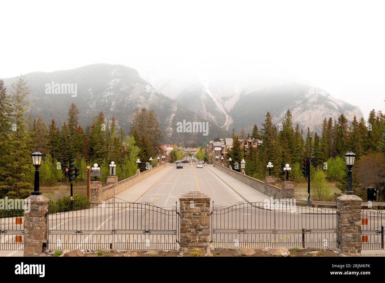 View looking down smokey Banff Avenue, Banff, Canada during wildfires ...