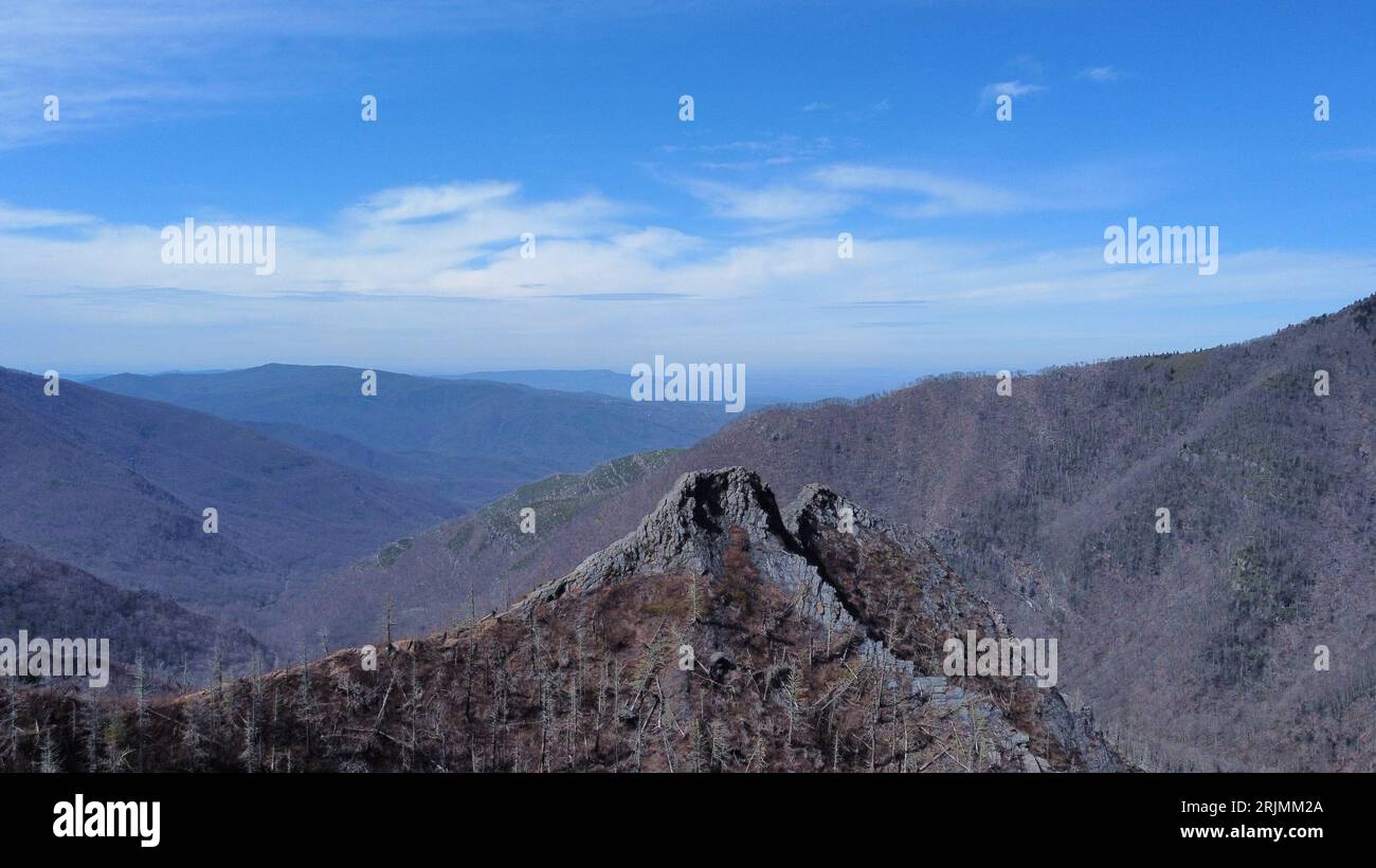 An aerial view of Chimney Tops Mountains located in Gatlinburg ...
