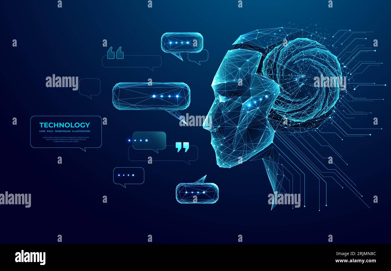 Abstract head of the humanoid robot android with talk bubble speech ...