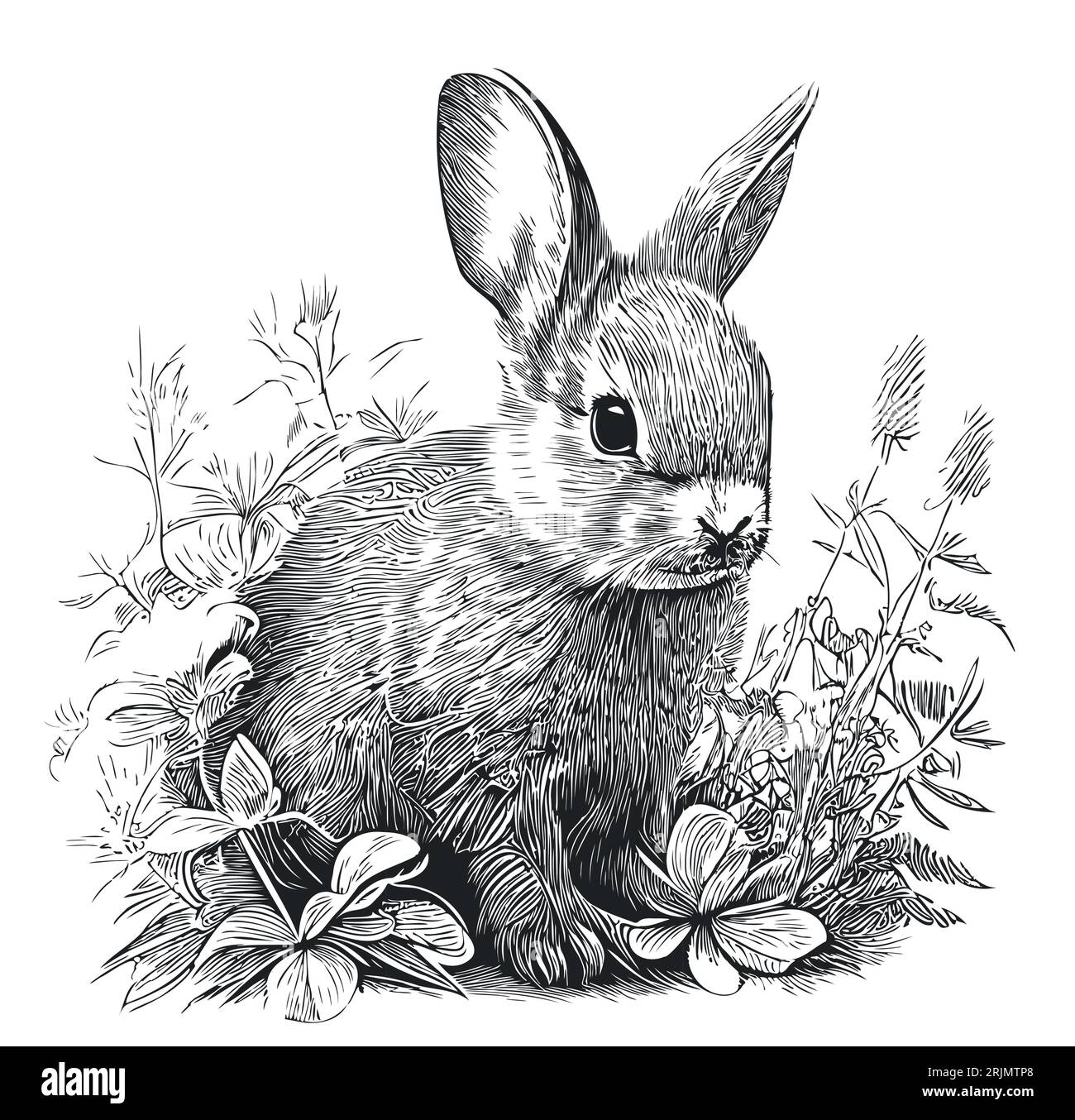 Rabbit cub sitting in the grass sketch drawn in doodle style ...