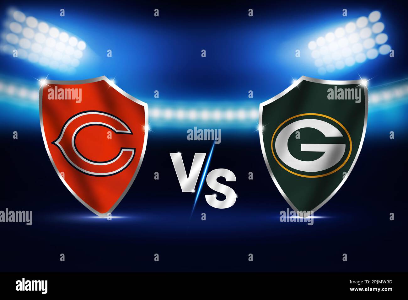 Bears Vs Packers match fixture background with stadium lights and flags ...