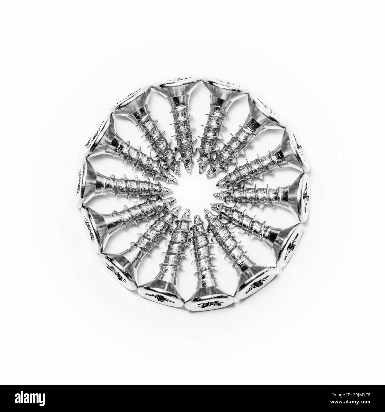 Screws neatly arranged in a circle on a white background. Zinc head ...