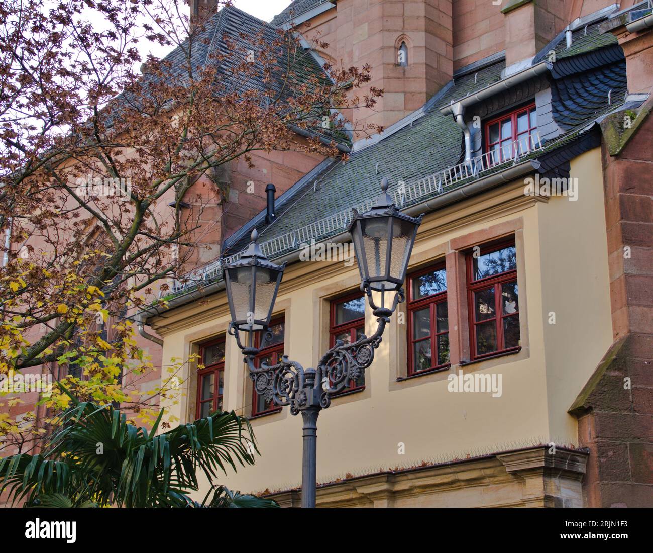 A close-up of old, picturesque buildings with trees and an antique ...