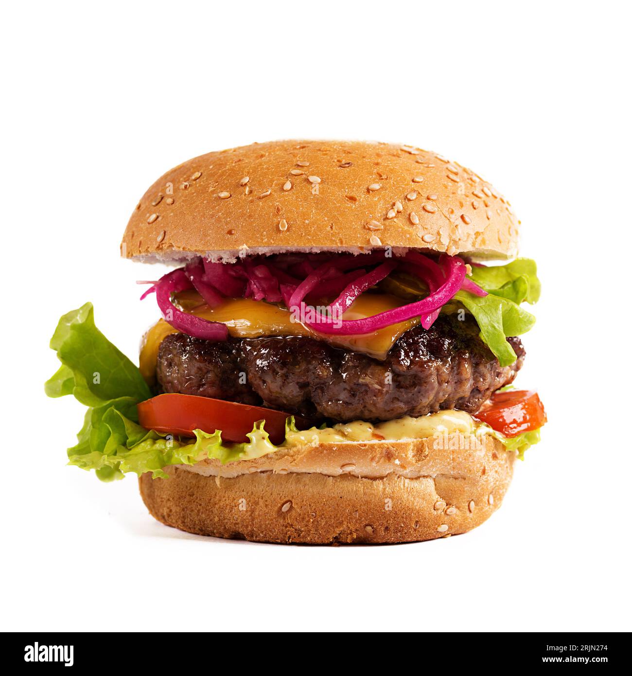 Beef hamburger. Cheeseburger with beef burger, tomatoes, cheese ...