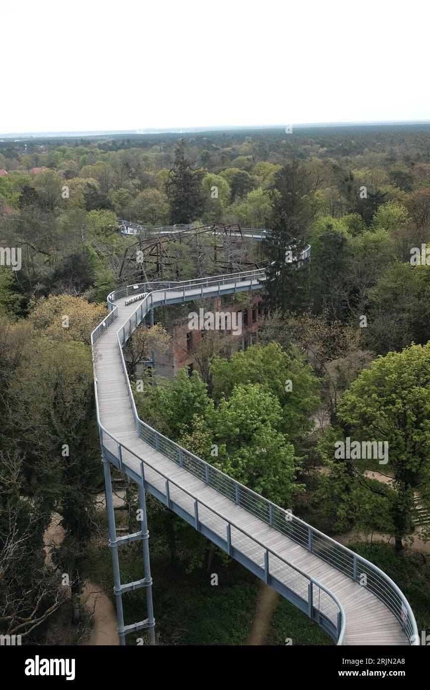 An aerial shot of a bridge curving over a lush forest landscape Stock ...