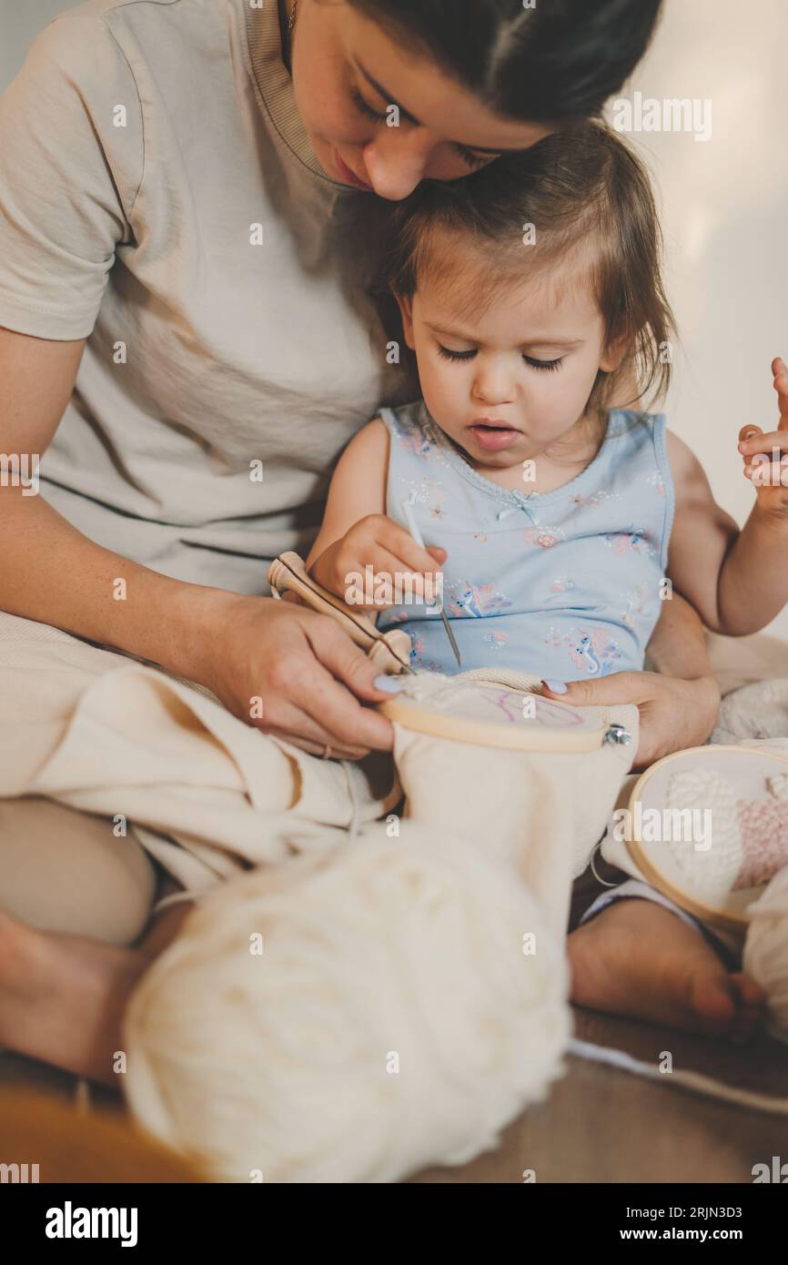 Knitting, handmade, handicraft hobby objects shot from above. Wood ...