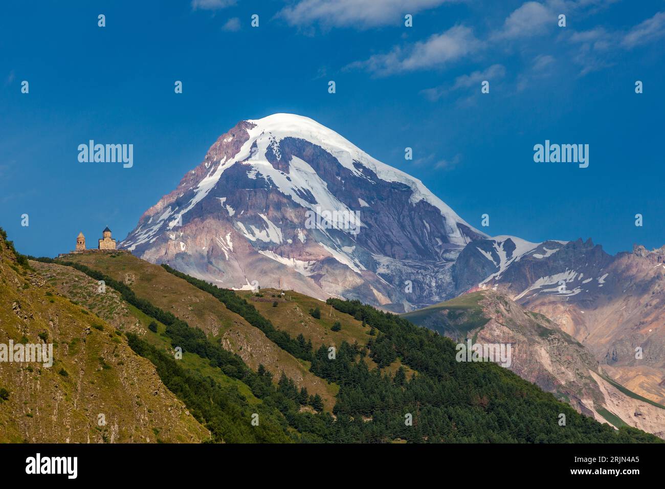 Gergeti Trinity Church in front of Mount Kazbegi. Stepantsminda ...
