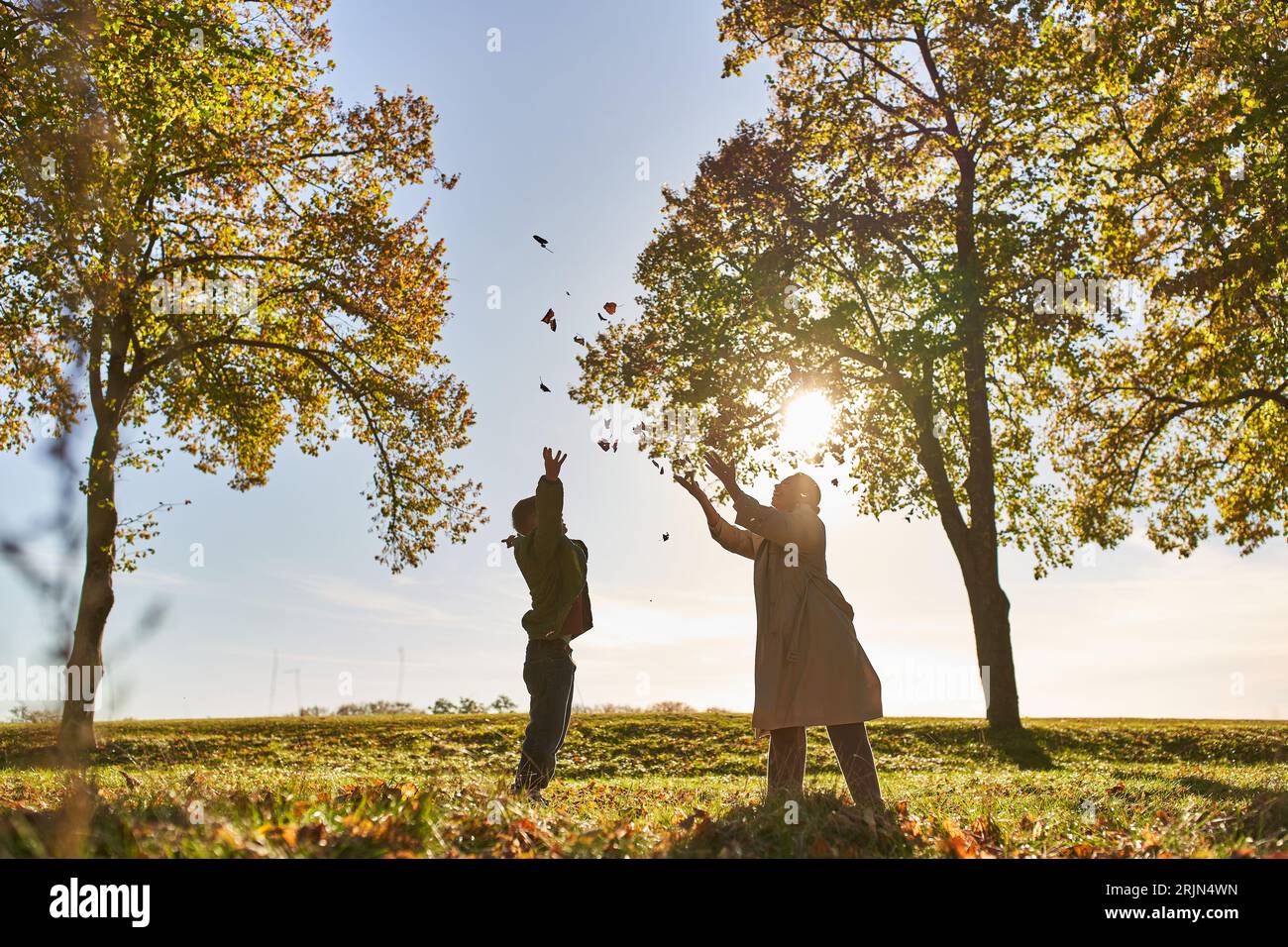 silhouette of mother and child throwing autumn leaves, park, fall ...