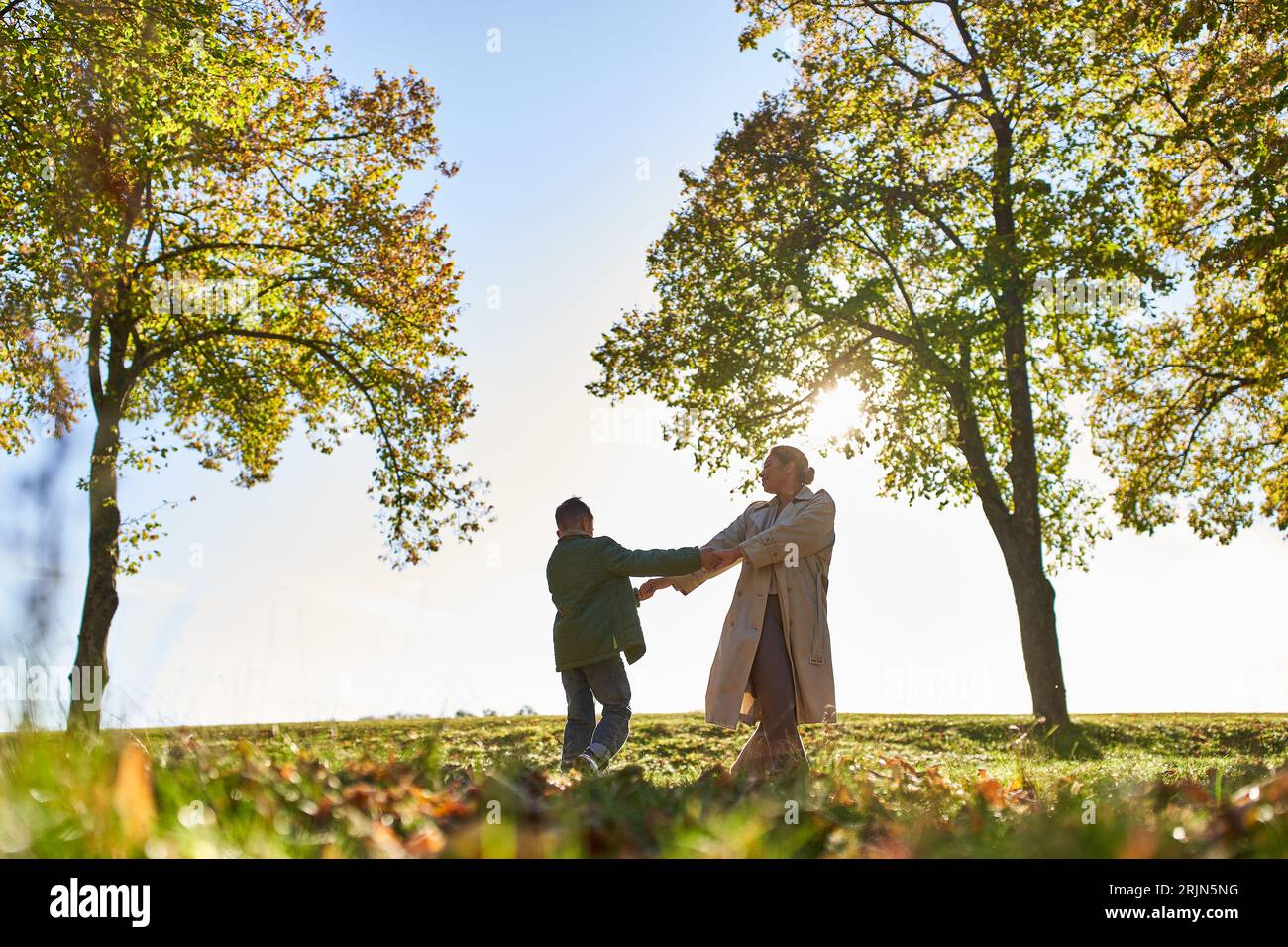 silhouette of mother and child holding hands in autumn park, fall ...