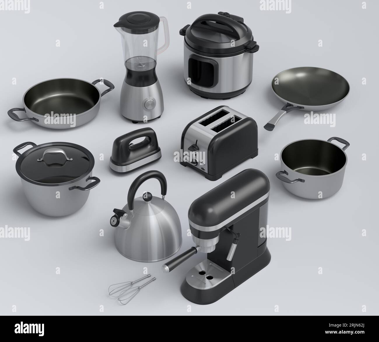 Electric kitchen appliances and utensils for making breakfast on white ...