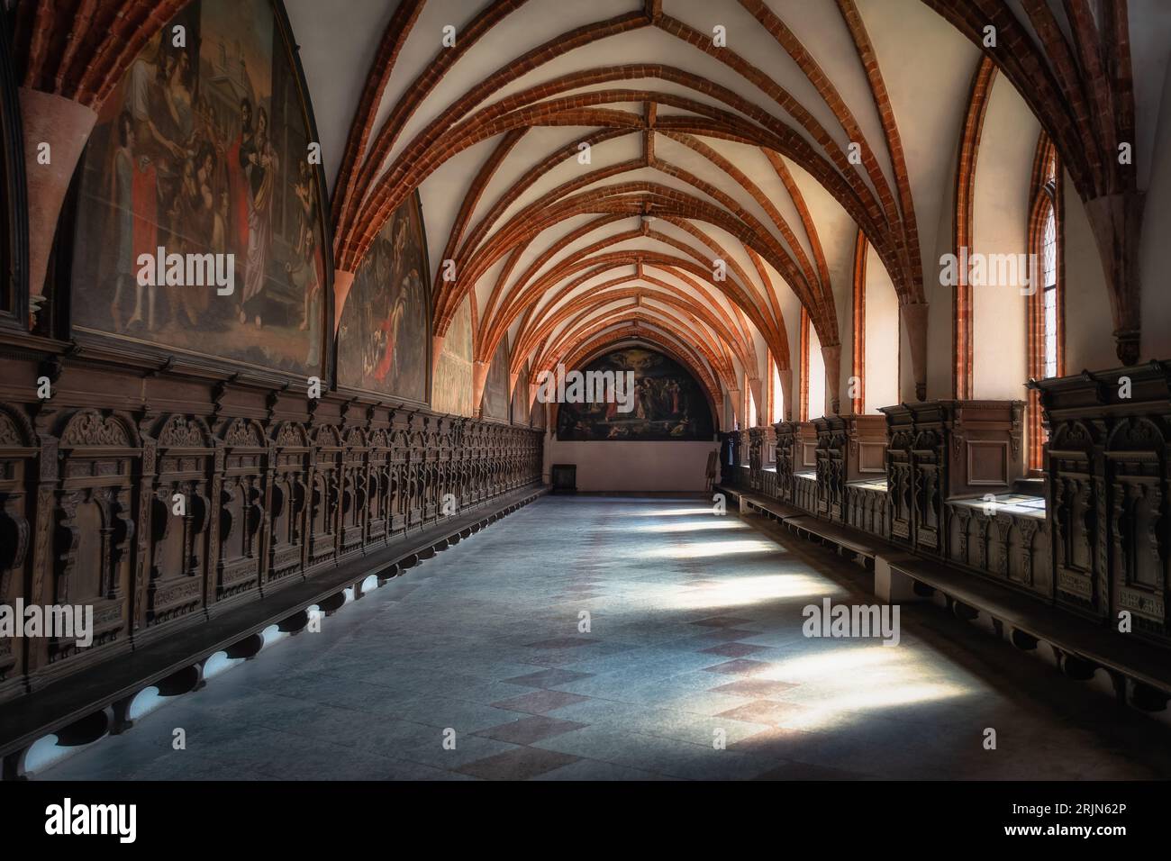 Side corridor with arches and beautiful decorations in Church of the ...