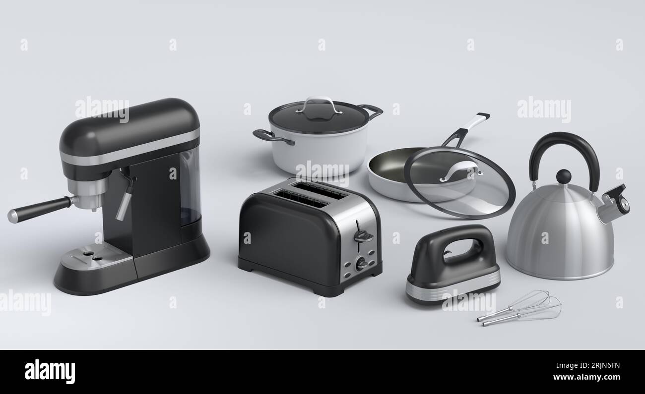 Electric kitchen appliances and utensils for making breakfast on white ...