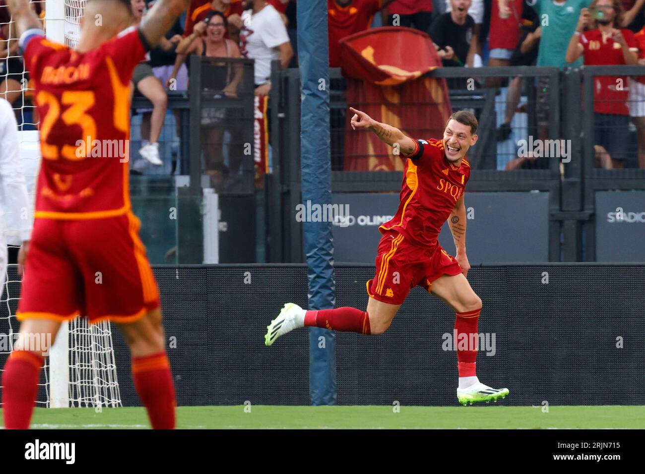 Rome, Italy, 20 August, 2023. Andrea Belotti, of AS Roma, celebrates ...