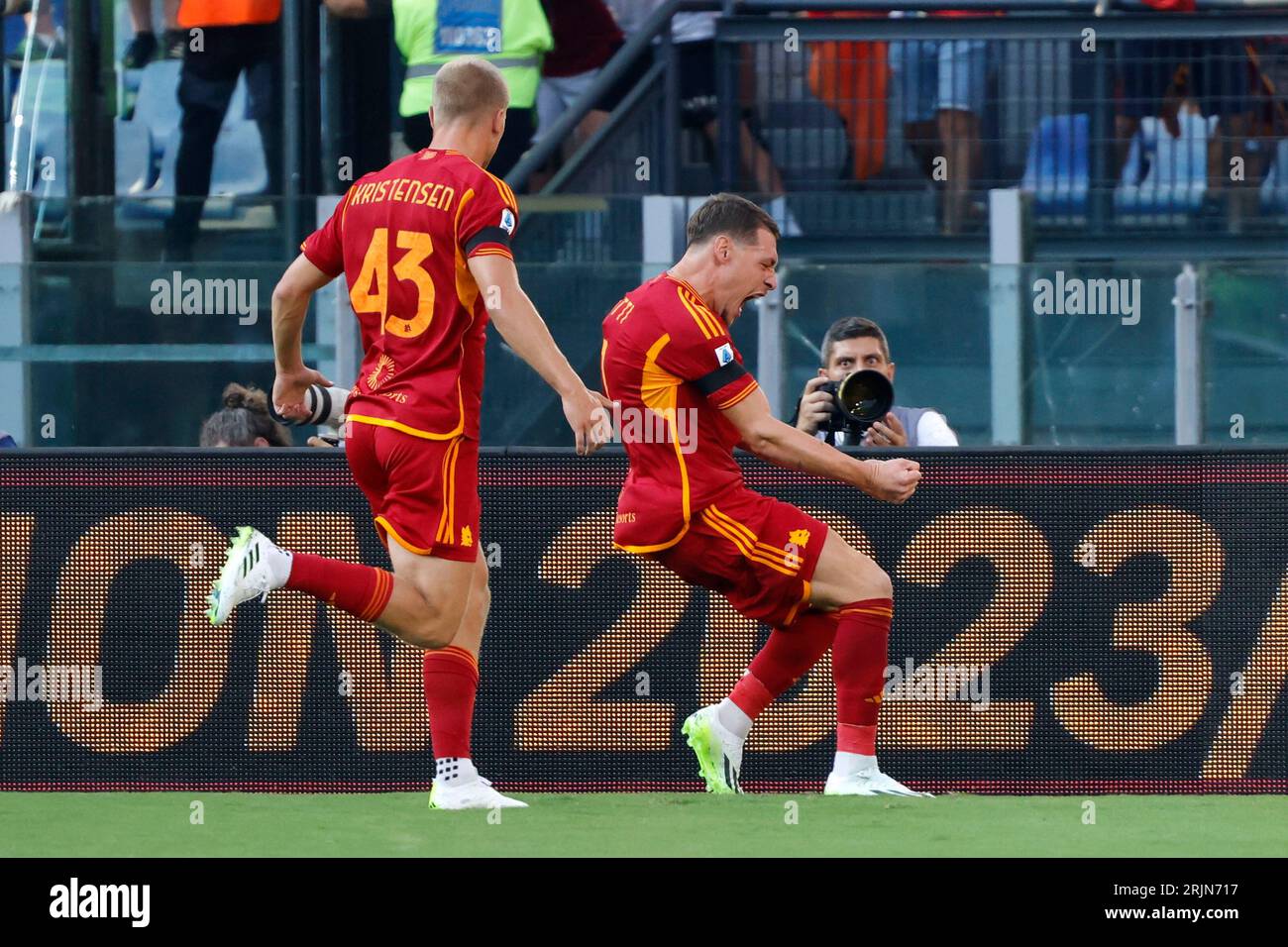 Rome, Italy, 20 August, 2023. Andrea Belotti, right, of AS Roma ...