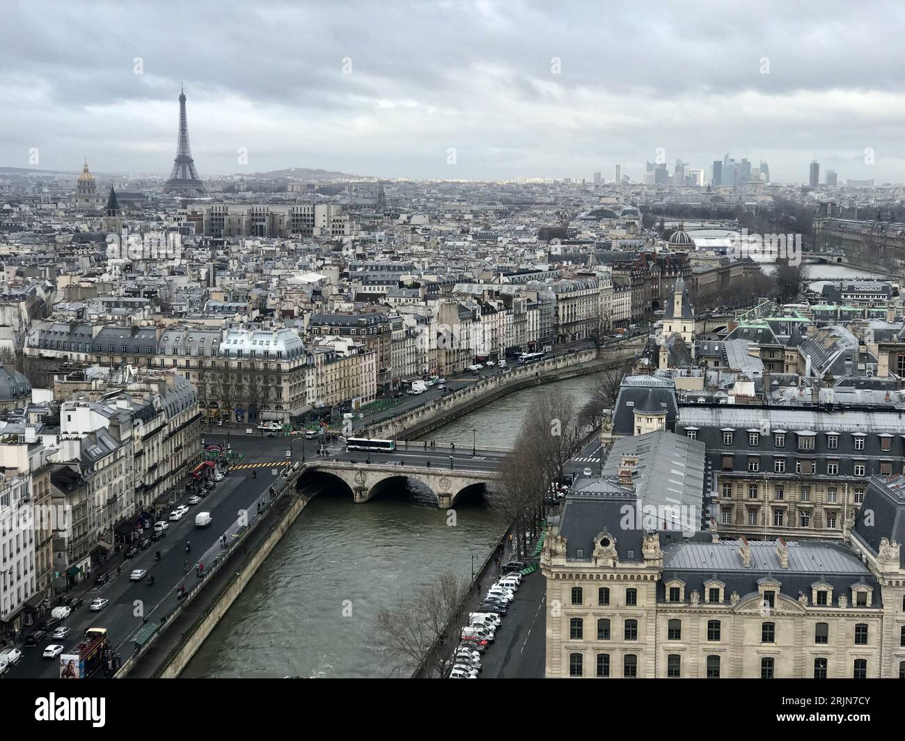 An aerial view of Paris, France featuring the River Seine and several ...