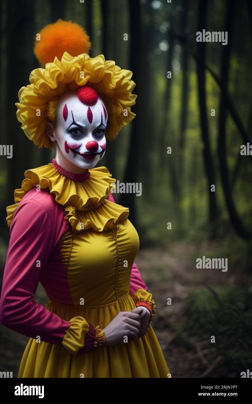 A young female adult wearing an eye-catching clown costume, complete ...