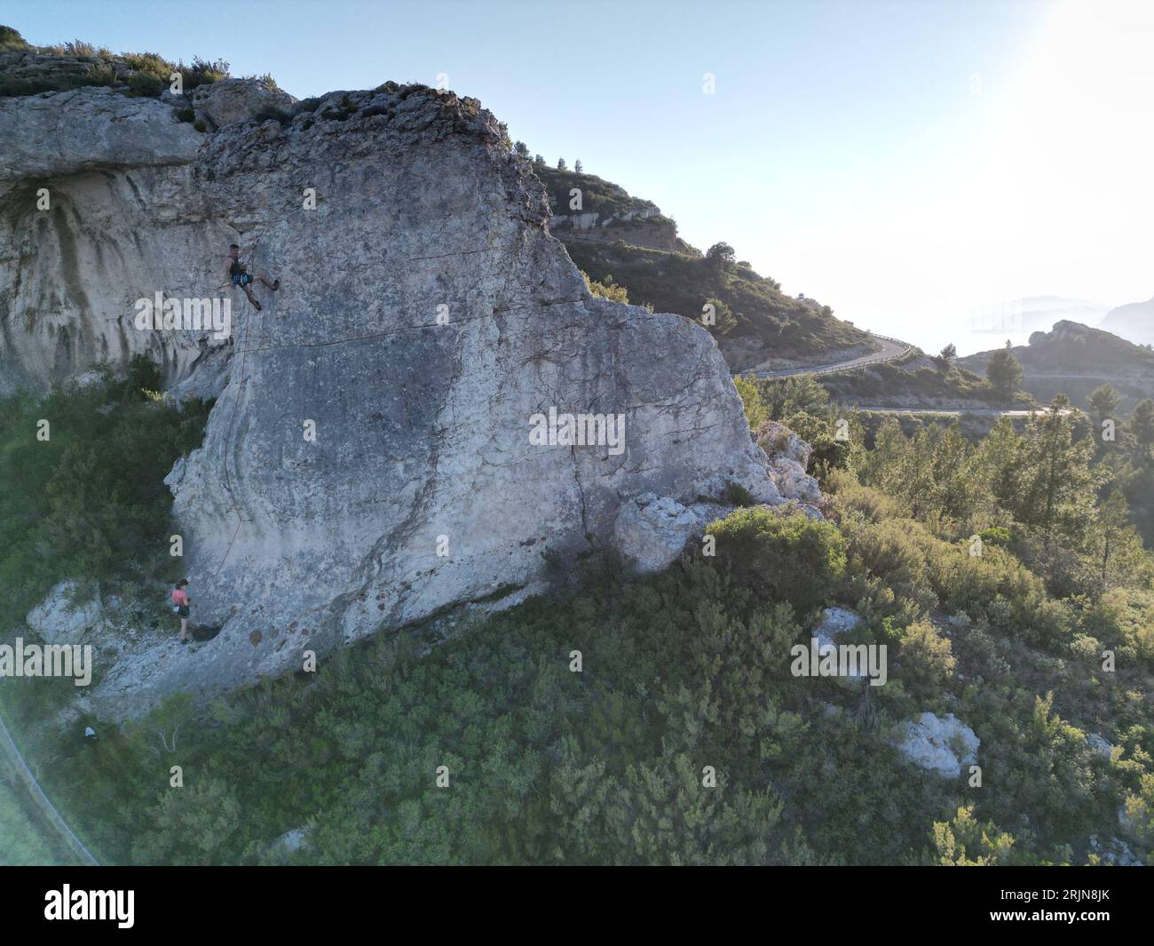 An aerial view of a scenic landscape of Cassis, France, with climbers ...