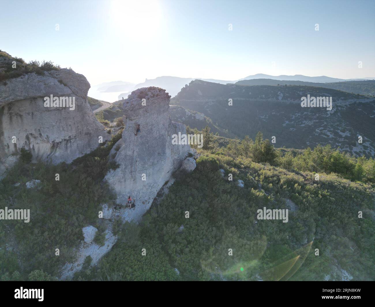 An aerial view of a scenic landscape of Cassis, France, with climbers ...