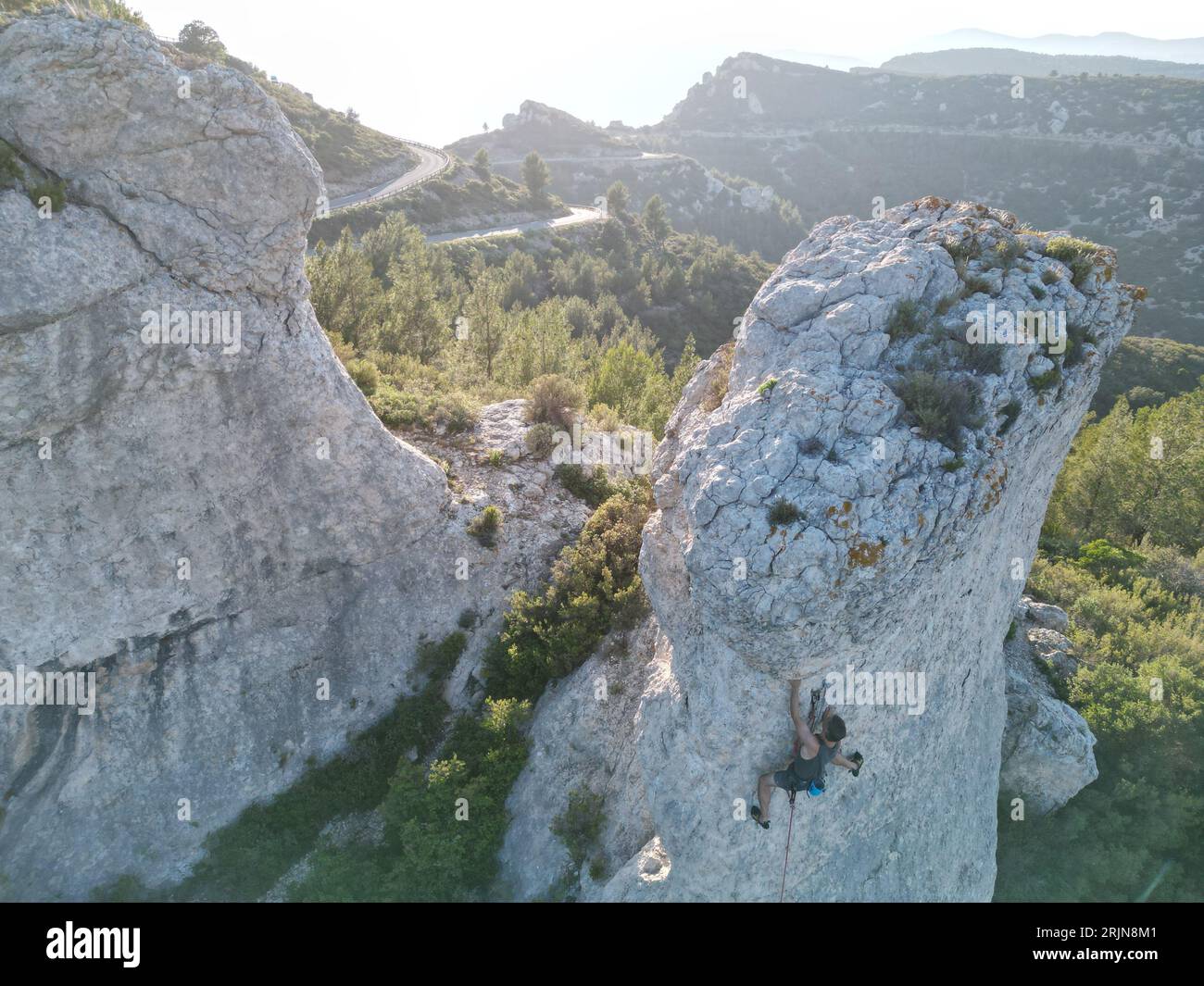An aerial view of a scenic landscape of Cassis, France, with climbers ...