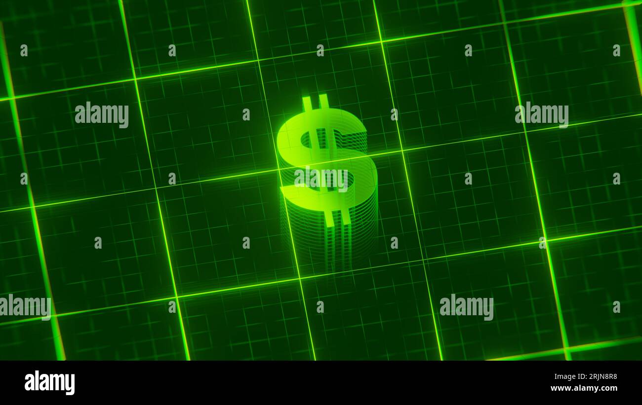 A 3D-rendered pattern of a dollar sign on bright neon green lines ...