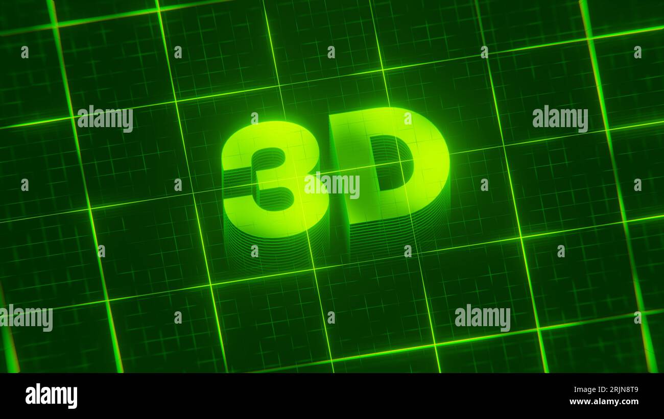A 3D-rendered pattern of 3D word on bright neon green lines arranged in ...