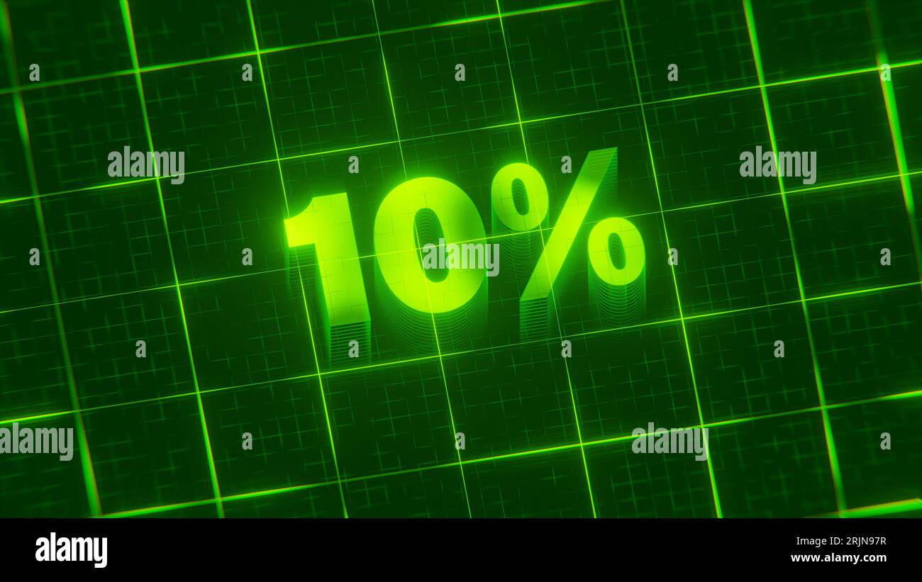 A 3D-rendered pattern of 10 percent on bright neon green lines arranged ...