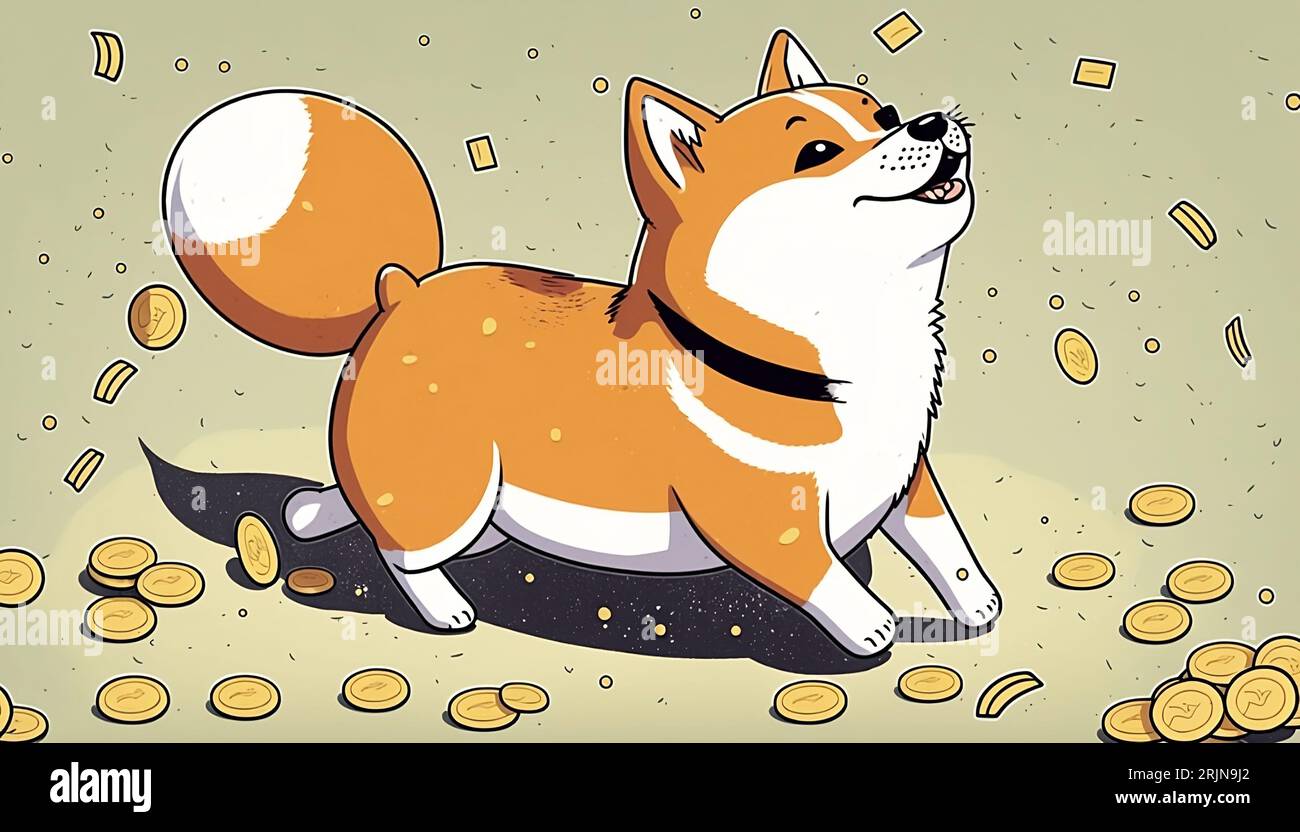 A golden retriever pup stands amidst a large pile of golden coins and ...