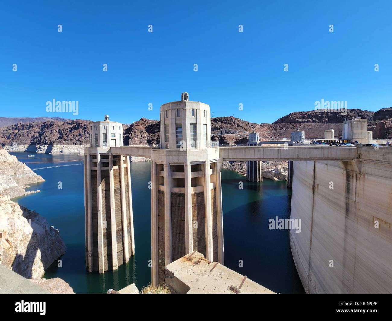 An aerial view of the iconic Hoover Dam in Nevada, situated on the ...