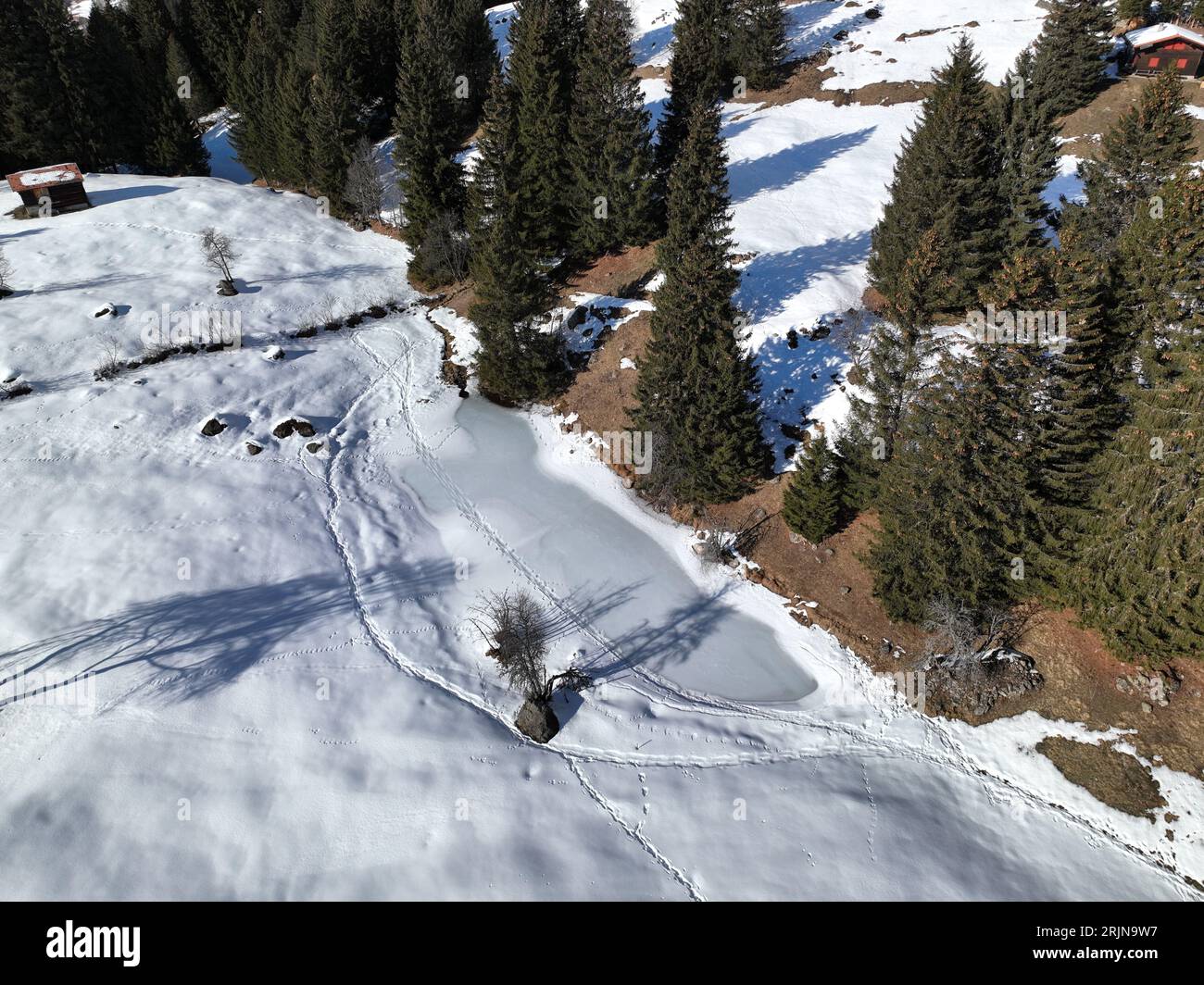 Aerial view of a winter landscape, featuring a snow-covered field ...