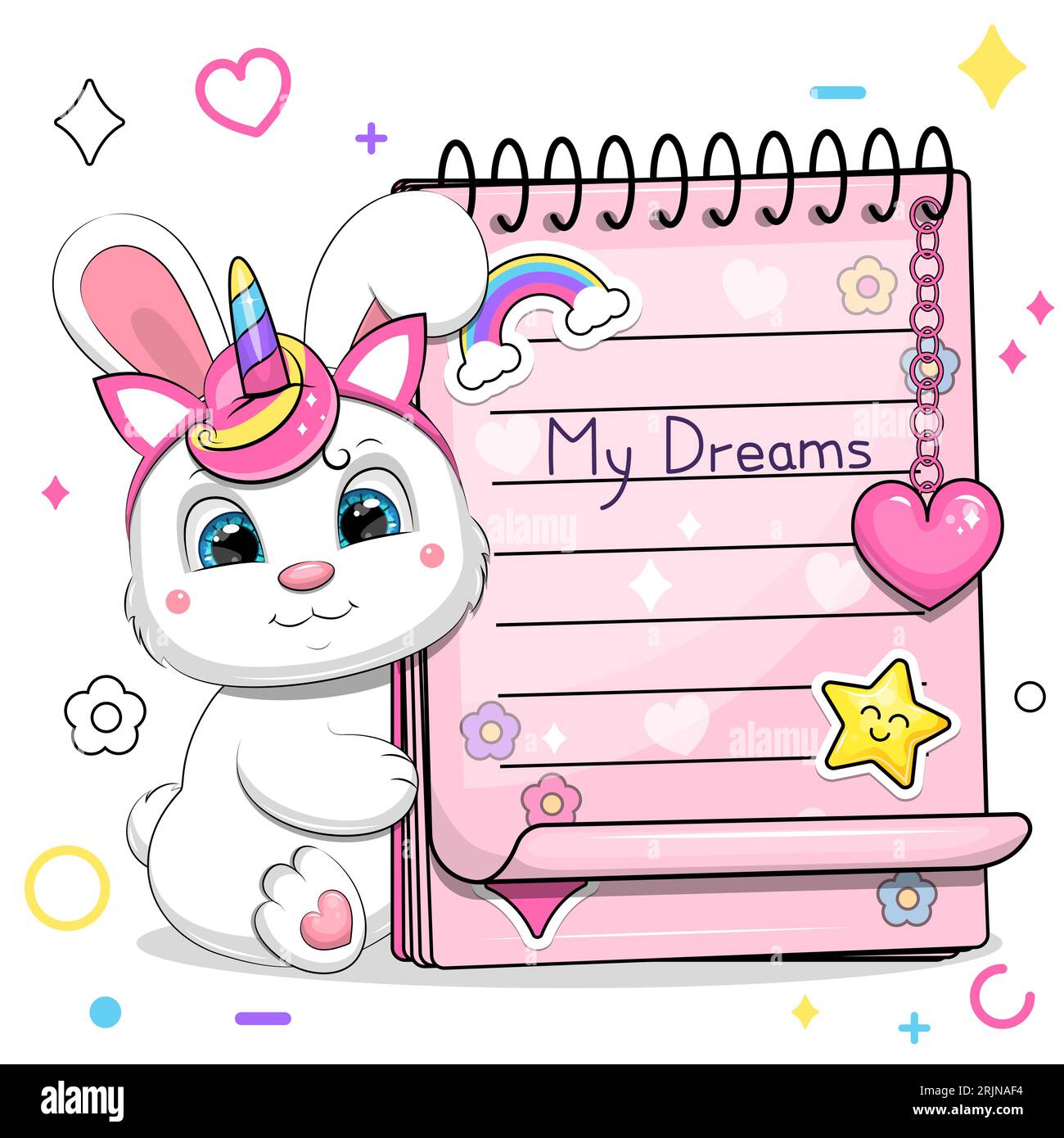 A cute cartoon bunny with a unicorn headband holds a big pink notebook ...