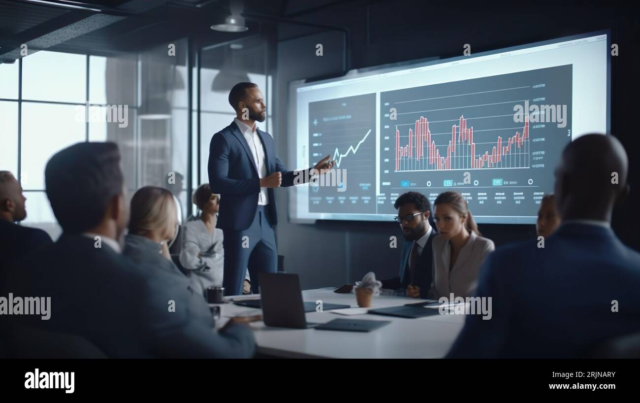 A professionally dressed man stands at a podium giving a presentation ...