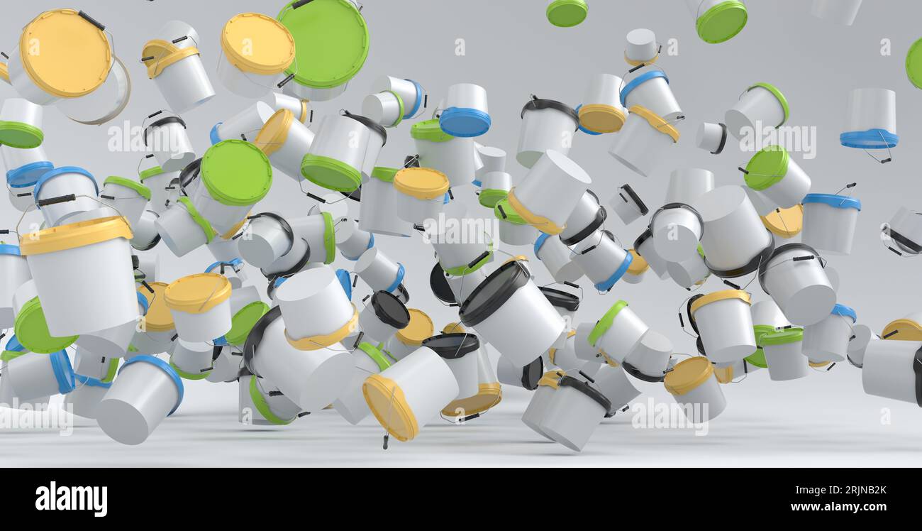 Many of flying plastic cans or buckets on white background. 3d render ...