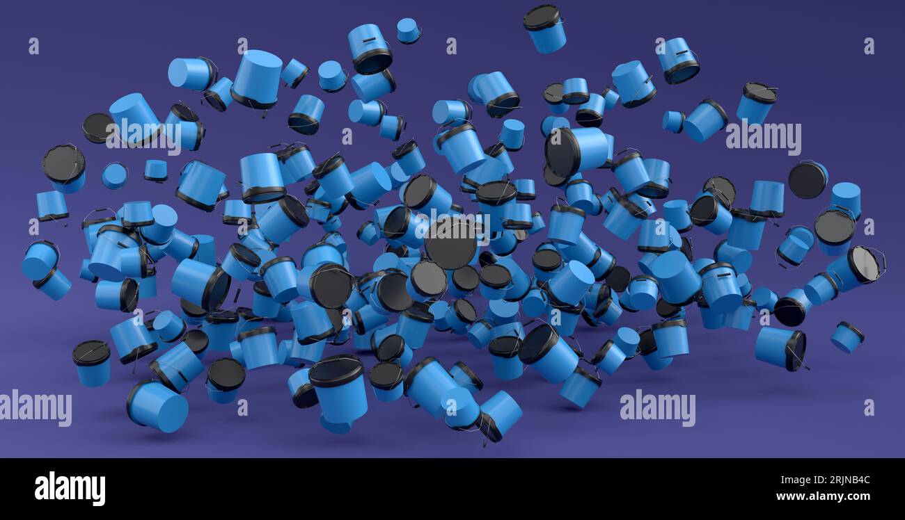 Many of flying plastic cans or buckets on violet background. 3d render ...