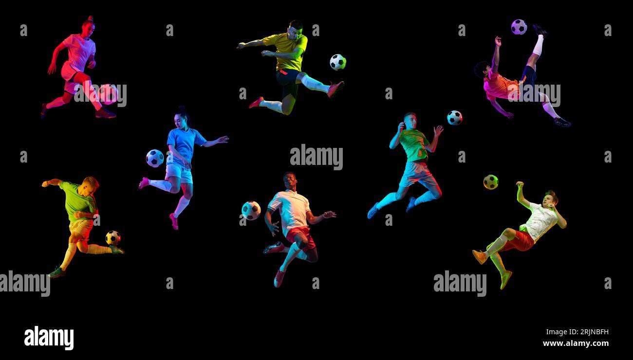 Collage made with athletic people, men and women, football players ...