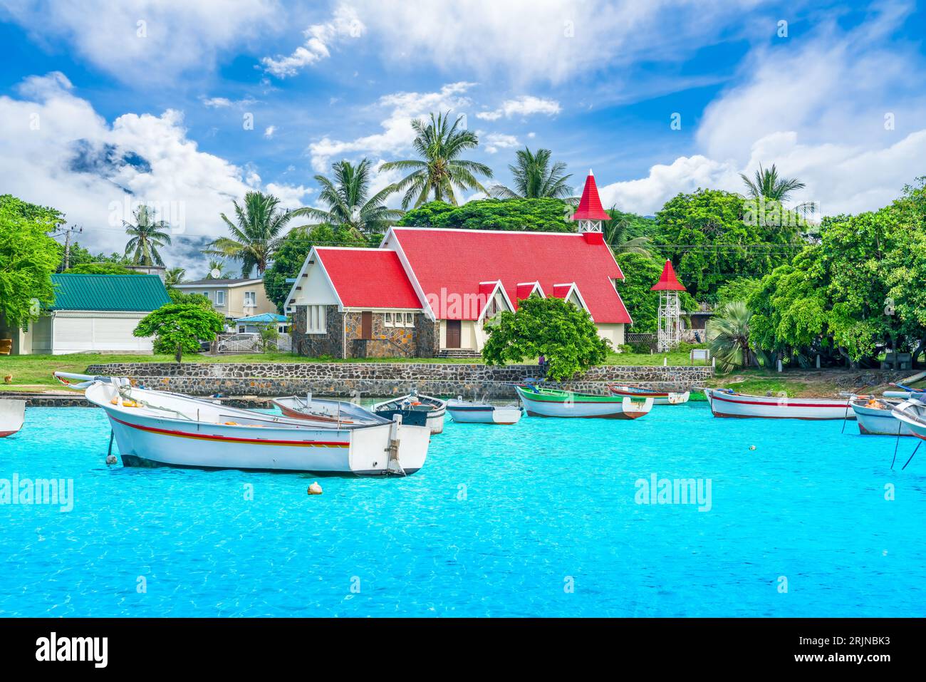 Landscape with Red church at Cap Malheureux village, Mauritius Island ...