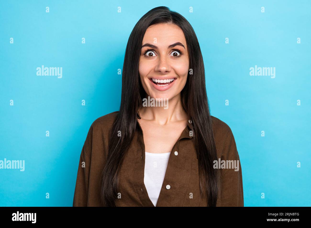 Portrait of cute funny woman looking camera open mouth shocked excited ...