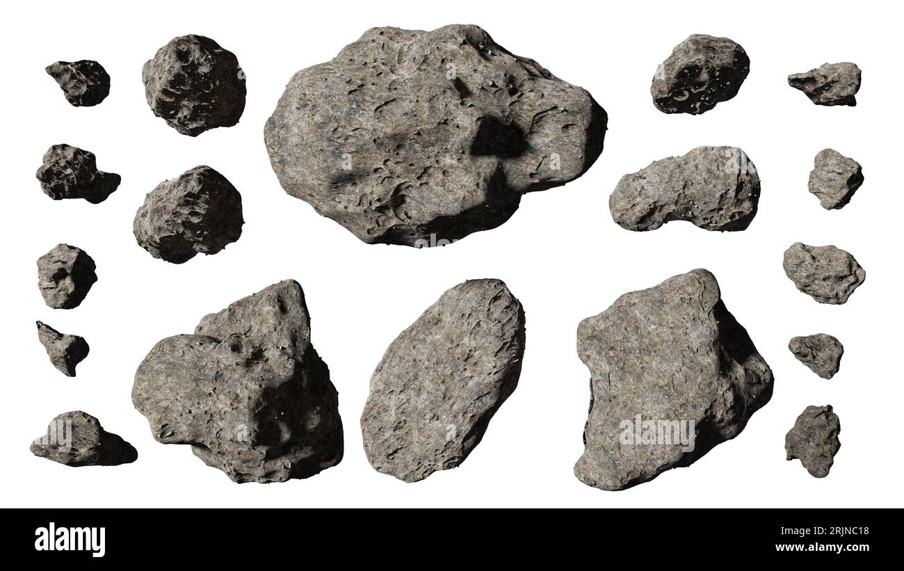 collection of asteroids, big and small space rocks, isolated on white ...