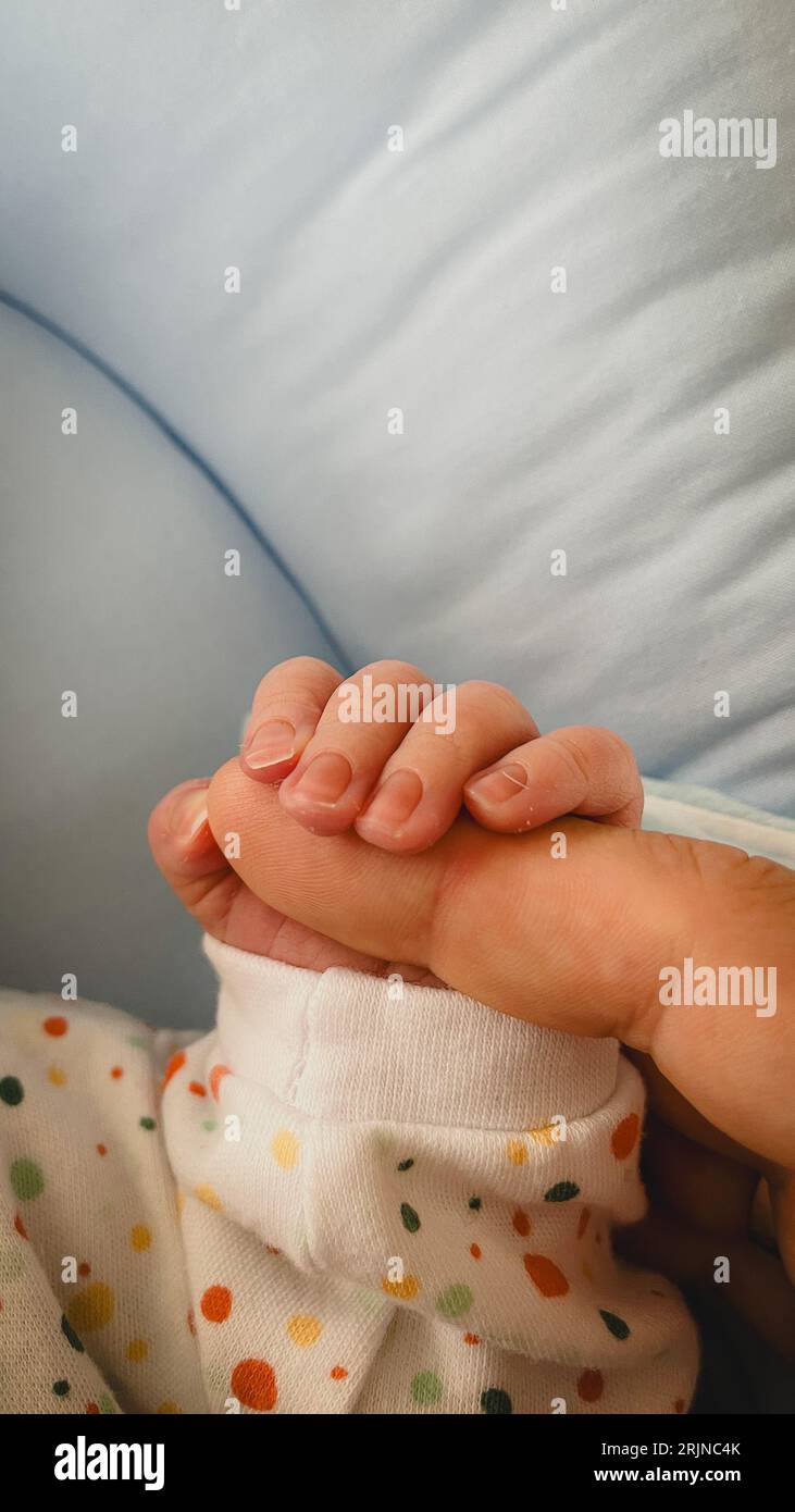 A close-up of a newborn baby's hand securely grasping a parent's finger ...
