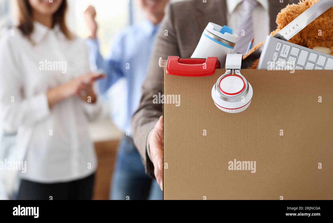 Angry yelling boss point arm to exit dismissing sad Stock Photo - Alamy
