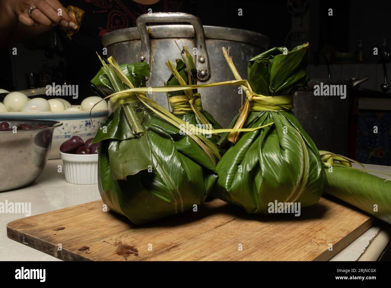 A closeup of Juane, traditional Peruvian food of chicken wrapped in ...