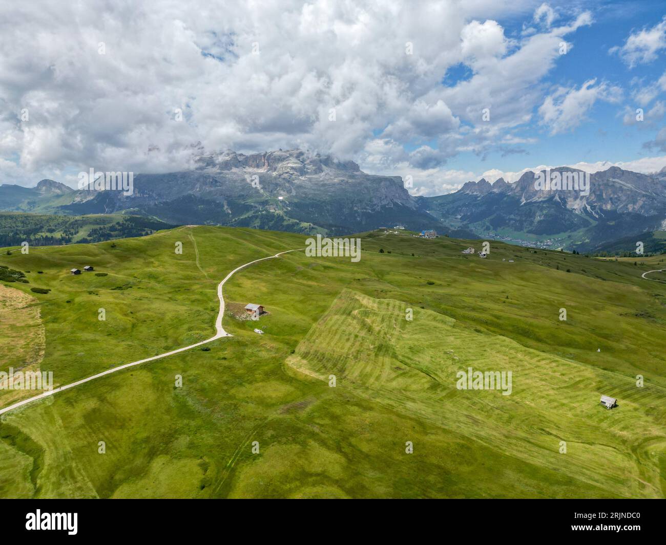 An Aerial view of Armentarola fields Dolomites Alps near Alta Badia ...