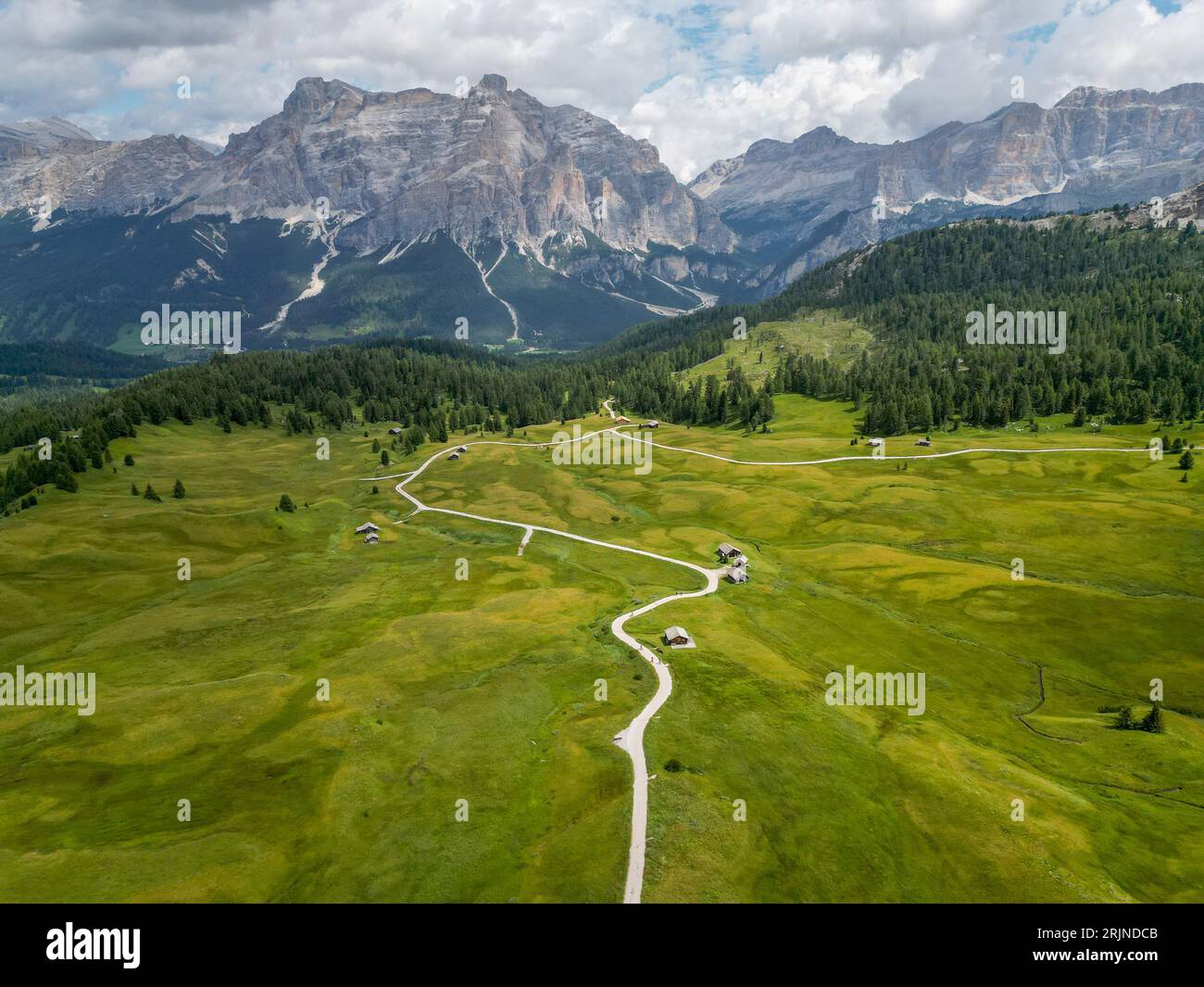 An Aerial view of Armentarola fields Dolomites Alps near Alta Badia ...