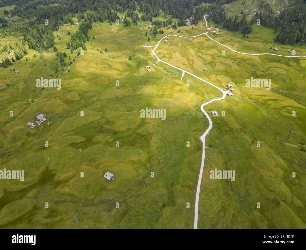 An Aerial view of Armentarola fields Dolomites Alps near Alta Badia ...